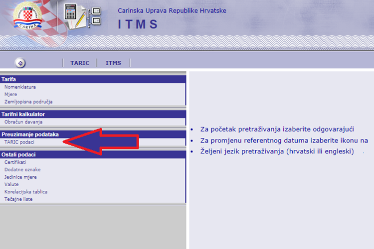 Carinska uprava - Preuzimanje TARIC podataka za gospodarstvenike